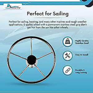 Marine City 304 Stainless Steel Corrosion Resistant 25 Degree 15-1/2 Inches 5 Spokes Polished Steering Wheel for Boat, Yacht (Dia :15-1/2 Inches)