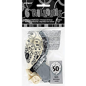 Unique Party 80896-12" Latex Glitz Black and Silver 50th Birthday Balloons, Pack of 6