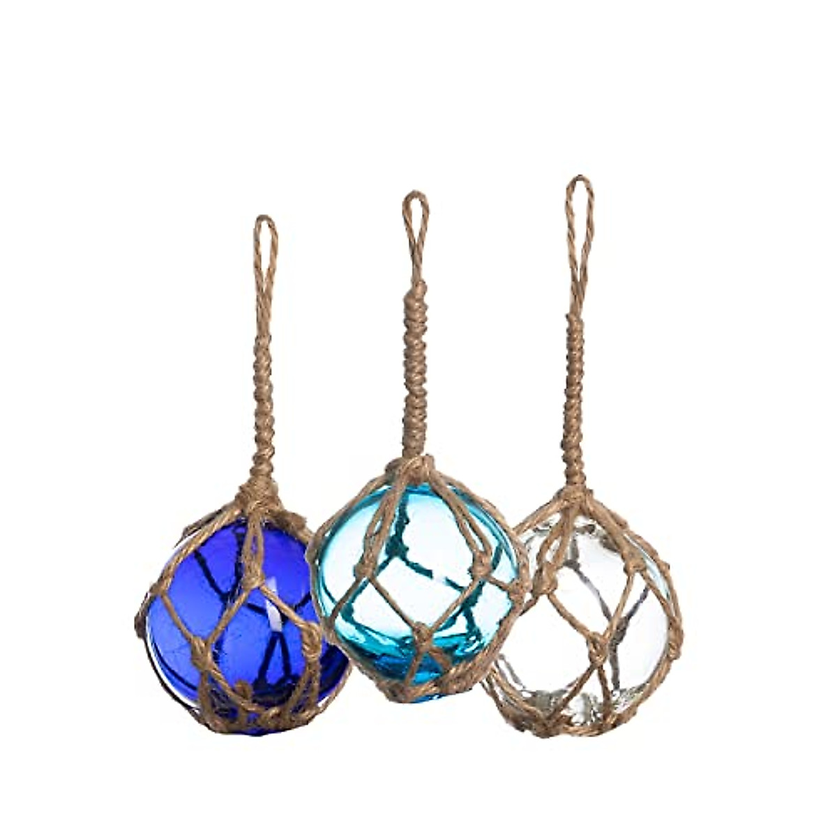 Japanese Glass Fishing Floats Ball - 2" Aqua Cobalt and White (3 Pack) - Glass Buoys With Rope - Japanese Glass Floats - Fishing Float Glass Float Balls - Glass Ball Float Decor - Nautical Glass Balls