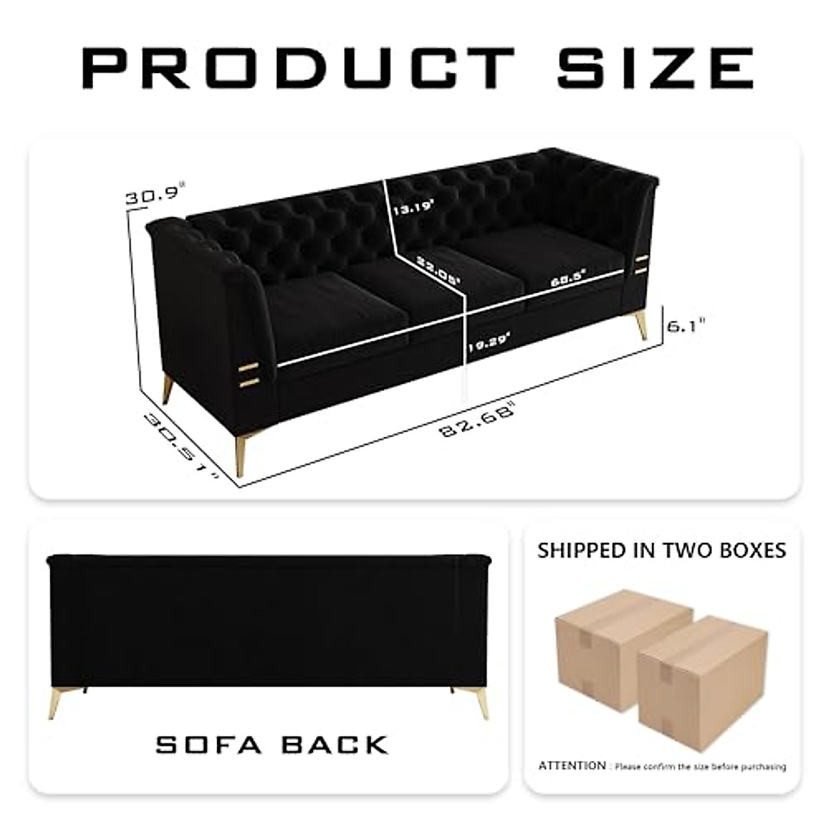 LaiBiKe Mid Century Velvet Couches 83" 2 Seater Living Room Sofa Comfortable Black Couch Solid Wood Frame Metal Legs for Guest Room Playroom Bedroom(03-Black-83)