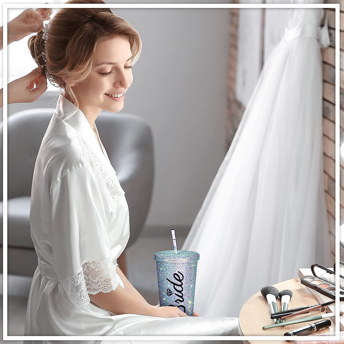 Hoolerry Bling Studded Rhinestone Tumbler Glitter Diamond Cup 16.9 oz Stainless Steel Insulated Reusable Water Bottle with Straw Lid and Brush for Women Bachelorette Shower Wedding Gift(Bride)