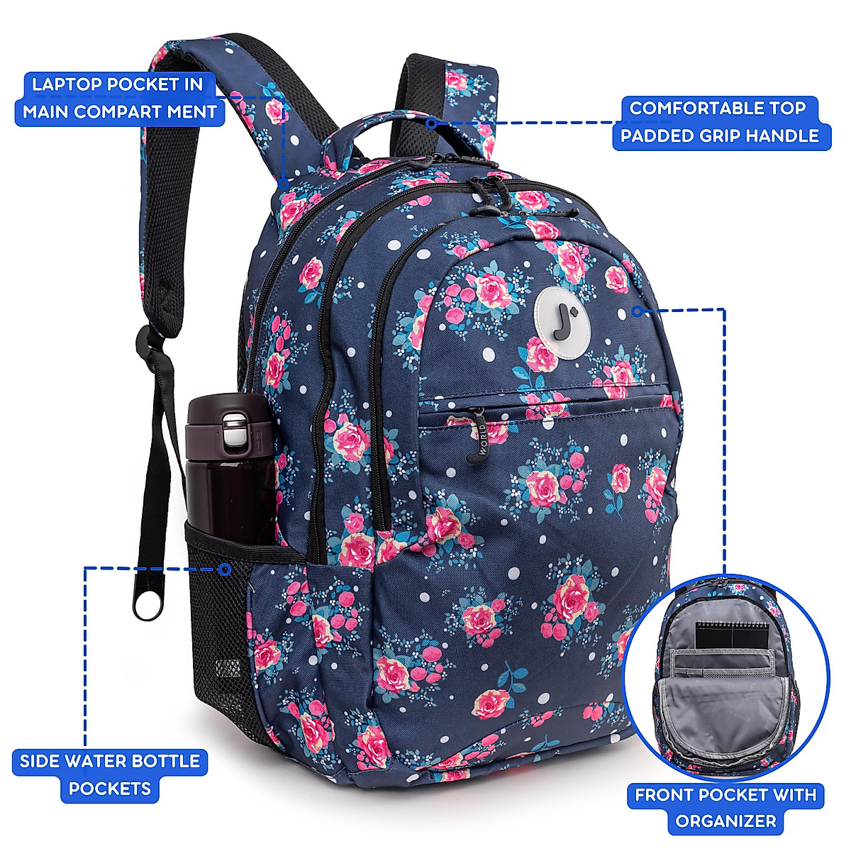 J World New York Cornelia Laptop Backpack School Bookbag, Navy Rose, 18 X 12.5 X 8 (H X W X D)