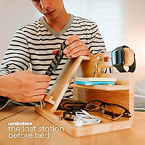 umbobee Wood Phone Docking Station - Nightstand Organizer for Men & Women, Phone Docking Station, Rubber Wood, with Watch Holder, Anniversary Birthday