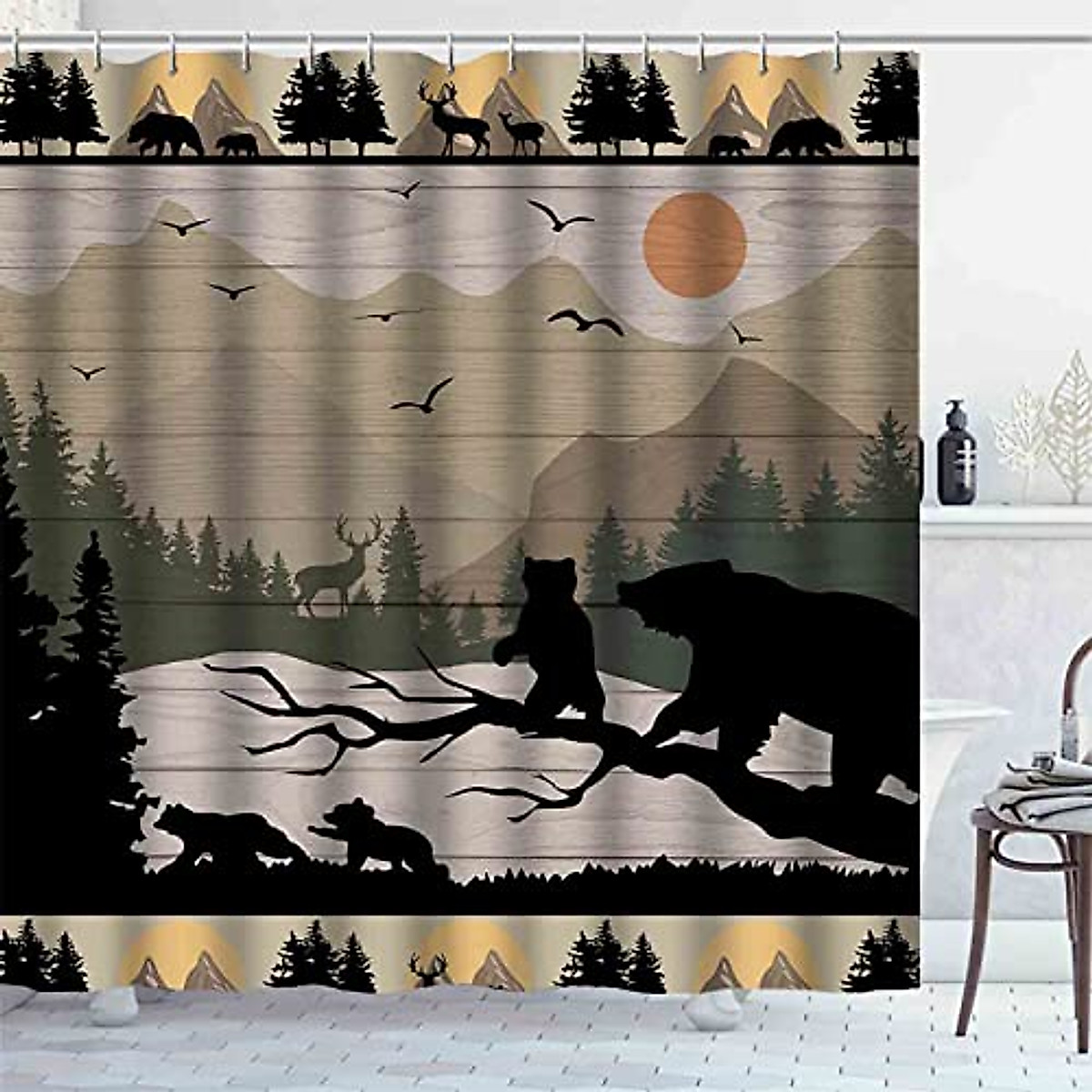 Dia Magico 4PCS Black Bear Shower Curtain Set with Rugs, Sun Mountain Birds Deer Elk Moose Wildlife Hunting Cabin Lodge Pine Tree Woodland Country Rustic Farmhouse Bathroom Decor, Mother Bear & Cubs