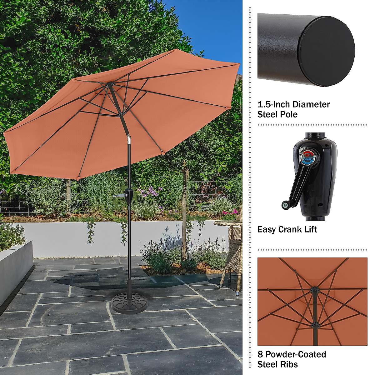 Pure Garden Patio Umbrella with Auto Tilt - 10FT Easy Crank Outdoor Umbrella with Vented Canopy for Deck, Balcony, Backyard, or Pool (Terracotta)
