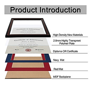 ELSKER&HOME Double Certificate Frame-Cherry Wood Color - 2.0mm Panels-Made for Document&Diploma for Two 8.5x11 Inch with Mat and 14x20 Inch Without Mat(Double Mat,Navy with Red Rim)