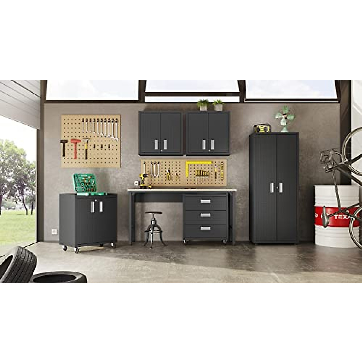 Manhattan Comfort Fortress 30" Floating Textured Metal Garage Cabinet with Adjustable Shelves, Set of 1, Charcoal Gray