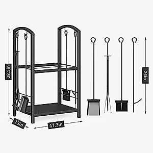 Mr IRONSTONE 4ft Firewood Rack & Firewood Rack with Fireplace Tools set for Patio Deck Metal Log Holder Stand Tubular Steel Wood Stacker Outdoor Tool