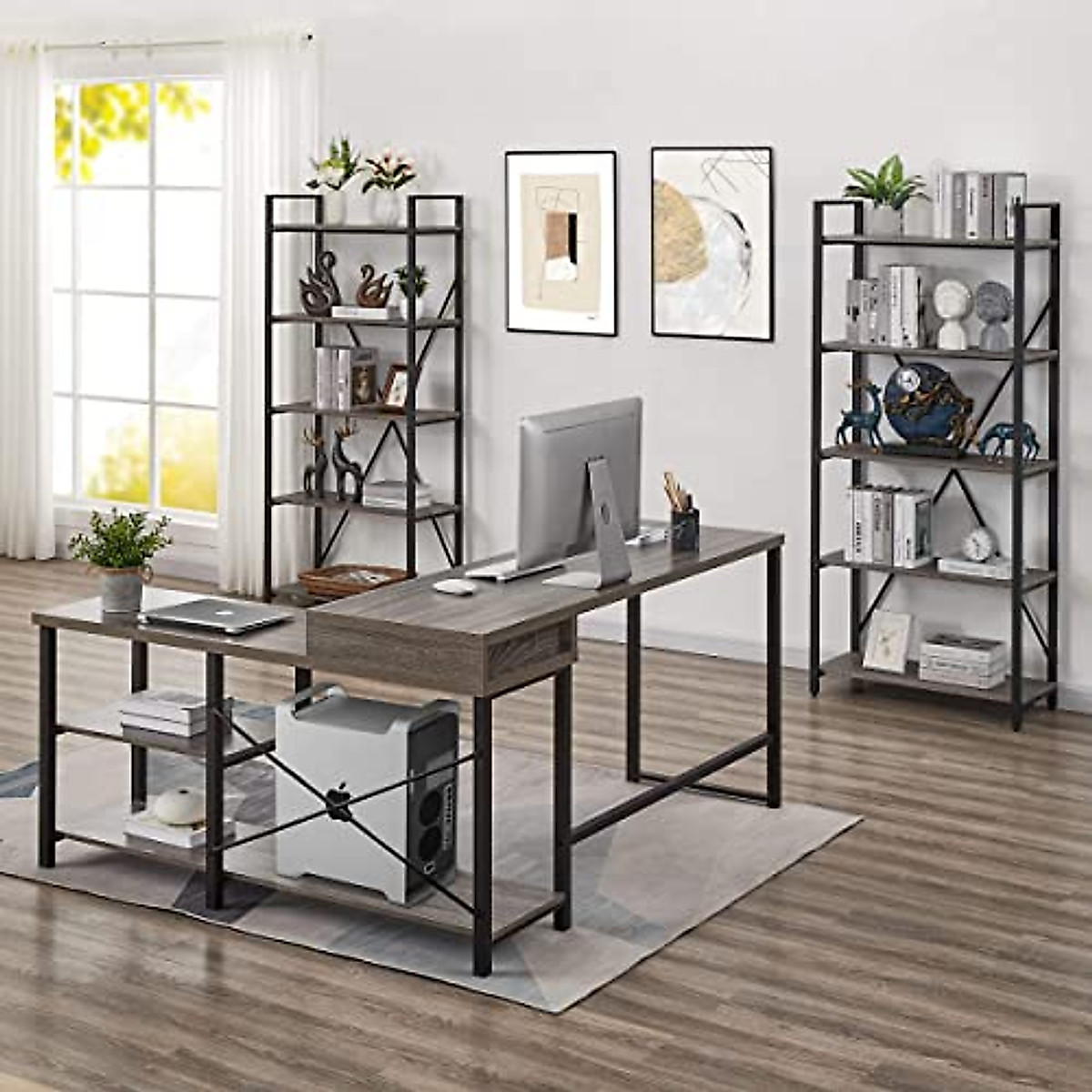 BON AUGURE Industrial L Shaped Computer Desk with Shelves, Rustic Wood Home Office Desks, Reversible Corner Desk with Storage (59 Inch, Dark Grey Oak)