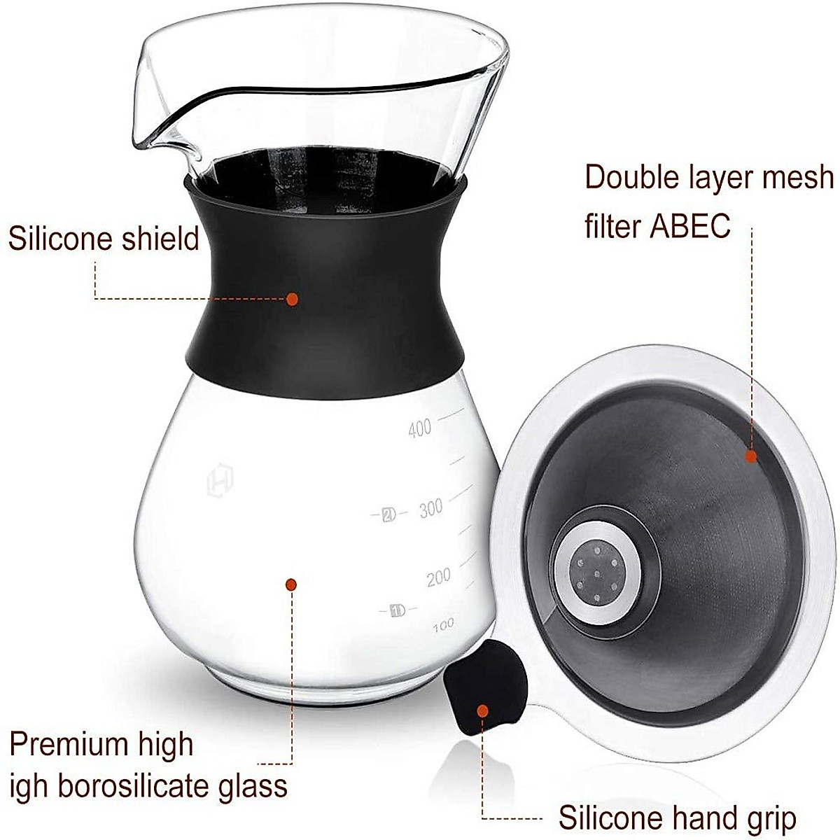 XIYUAN Pour Over Coffee Maker, Permanently Use The Pour Over Coffee Dripper Borosilicate Glass Water Bottle Coffee Pot With Stainless Steel Filter Hand Punch Coffee Pot Set 14oz / 400Ml
