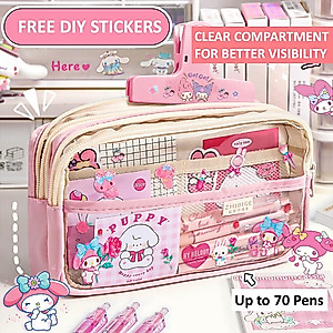 etnoreun Kawaii Cute Clear Pencil Case with Free Stickers Pen Pouch Spacious Multiple Compartments (Pink)