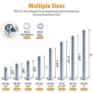VIGRUE 705PCS #8-32x1/2 to #8-32x2 Machine Screws 8/32 Knob/Pull Screws Bolt Nut Flat Washers Zinc-Plated Steel Phillips Machine Screws Assortment Kit, Cabinet Door and Drawer Screws