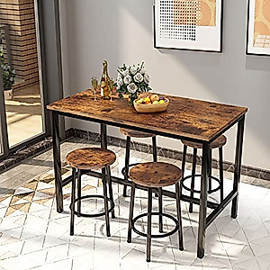AWQM Bar Table and Chairs Set Industrial Counter Height Pub Table with 4 Chairs Bar Table Set 5 Pieces Dining Table Set Home Kitchen Breakfast Table, Rustic Brown
