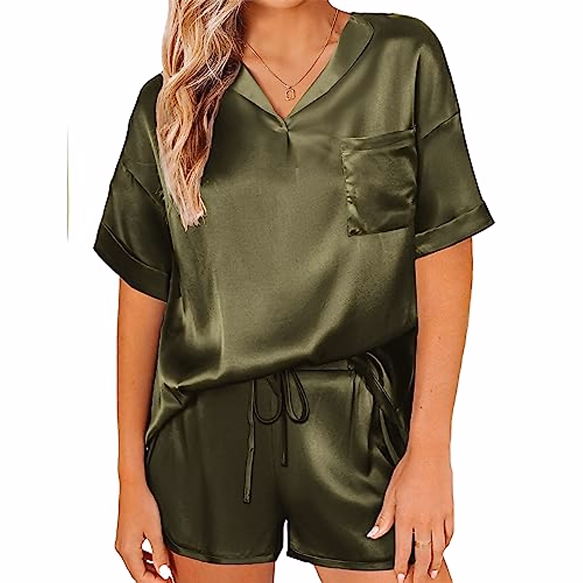 Ekouaer Silk Pajamas Womens Short Sleeve Sleepwear 2 Piece Pjs Shorts Set S-XXL Army Green