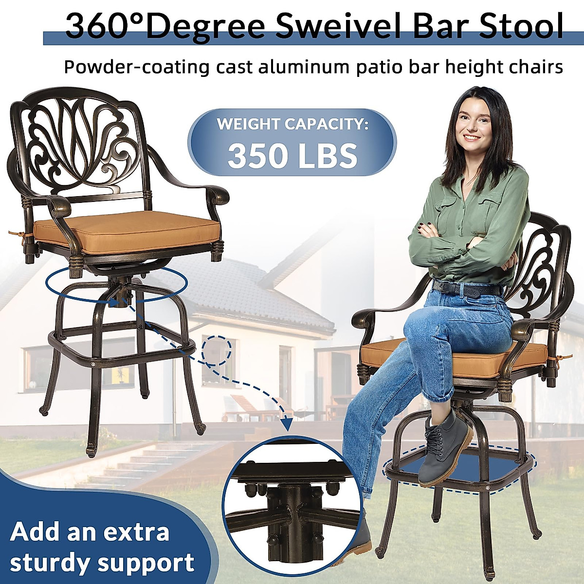SOCIALCOMFY 5 Piece Bar Height Patio Dining Set, All Weather Cast Aluminum Swivel Bar Stools Chair Set of 4 and 35.4" High Bar Table W/Umbrella Hole, Outdoor Bar Table & Chairs Set for Deck Garden