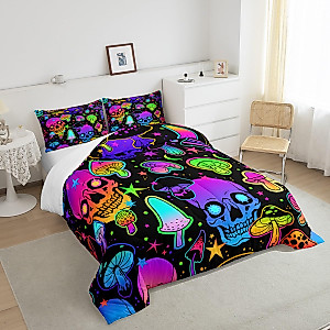 Feelyou Halloween Bedding Set Kids Sugar Skull Comforter Set Mushroom Comforter for Room Decor Lightweight Fluorescent Style Duvet Set with 1 Pillow Case