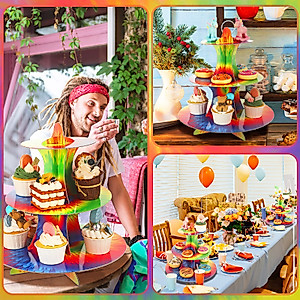 2 Pieces 3 Tier Tie Dye Round Cardboard Cupcake Stand for 24 Cupcakes Rainbow Cake Stand Dessert Tower Pastry Serving Platter Food Display for Birthday Party Table Supplies