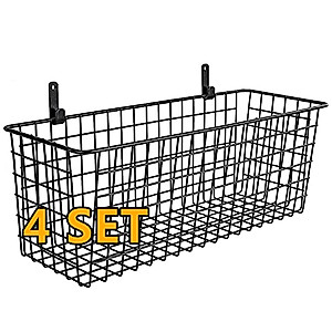 4 Set [Extra Large] Hanging Wall Basket for Storage, Wall Mount Sturdy Steel Wire Baskets, Metal Hang Cabinet Bin Wall Shelves, Rustic Farmhouse Decor, Kitchen Bathroom Organizer, Black