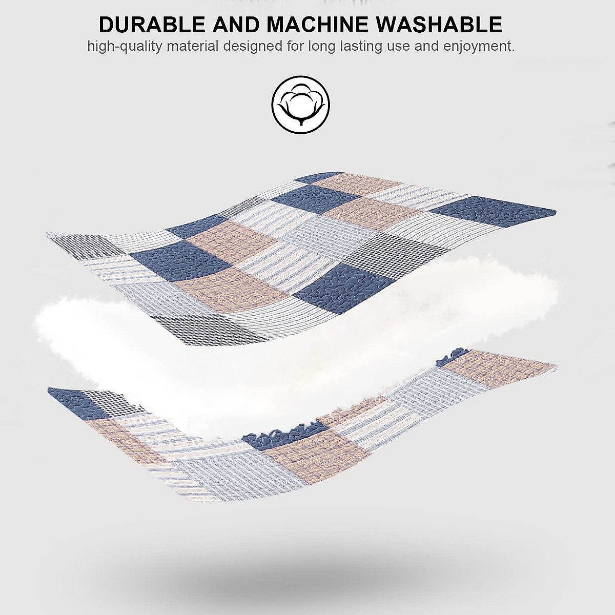 PANGUSHAN 100% Cotton Quilt Set Queen Size, Patchwork Plaid Queen Quilt Bedding Set Bedspreads, Farmhouse Lightweight Comforter Reversible Quilt, Navy/Brown/White Bed Spread for Queen Bed, 3 Pieces