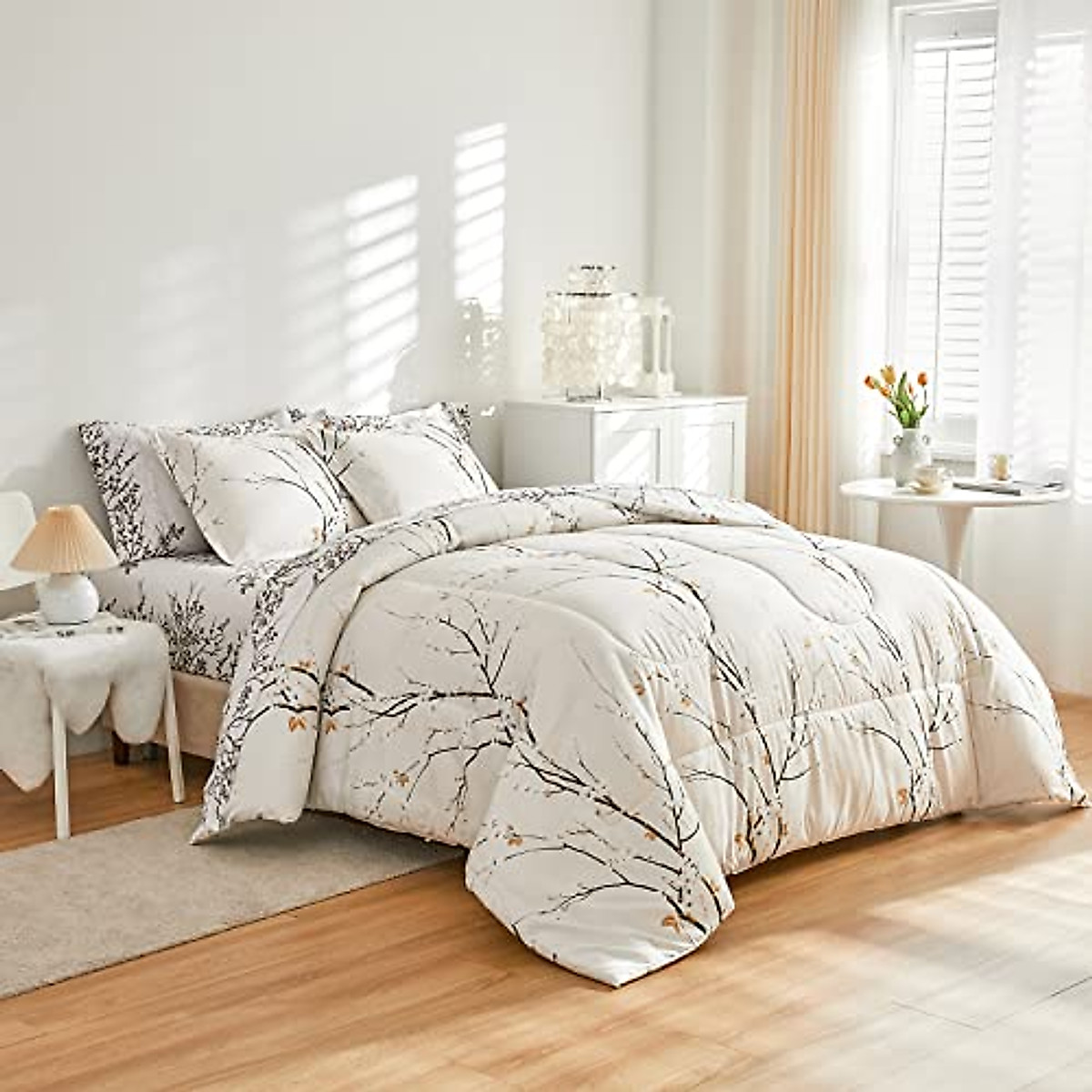UOZZI BEDDING Cream White Bed in a Bag Twin 6 pc Branch Style All Season Soft Microfiber Reversible Bed Comforter Set (1 Comforter 2 Pillow Shams 1 Flat Sheet 1 Fitted Sheet 1 Pillowcases)