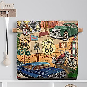 Repair Route 66 Retro Poster Cube Storage Bins 13 x 13 x 13 inch, Vintage Garage Fabric Organizer Bins Basket Boxes with PU Leather Handles Foldable Storage Cube for Clothes Bedroom Closet Shelves