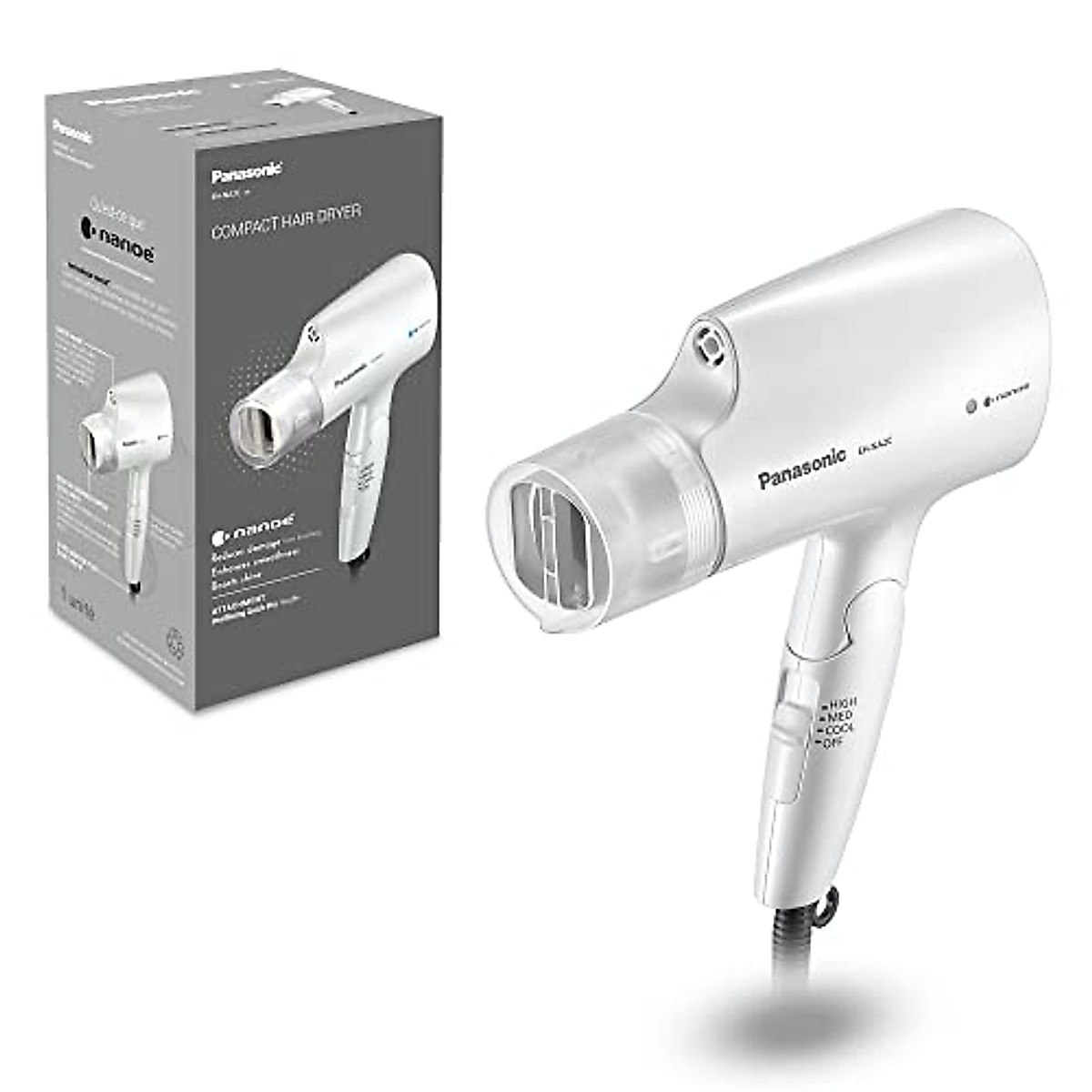 Panasonic nanoe Salon Hair Dryer with Oscillating Quick Dry Nozzle, Folding Hair Dryer for Travel and Home, 3 Airflow Settings for Easy Styling and Healthy Hair - EH-NA2C-W (White)