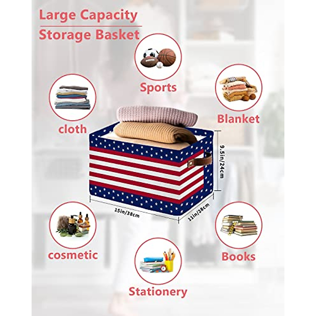 Storage Bins Large Storage Basket,Independence Day USA Flag Star Collapsible Storage Bins with Handle,Red White White Stripe Blue Storage Baskets Cube Organizer for Shelves Closet Nursery 1PC