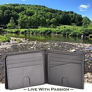 BULLGUARD Mens RFID Blocking Wallet Bifold with Flip Up ID in Saffiano Grey Genuine Leather