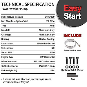 YAMATIC Pressure Washer Pump Horizontal 3/4" Shaft Max 3400 PSI 2.7 GPM Axial Cam Replacement Pump for Power Washers Compatible with Simpson 90029, 90028, Honda GC190,Dewalt dxpw3425 and More