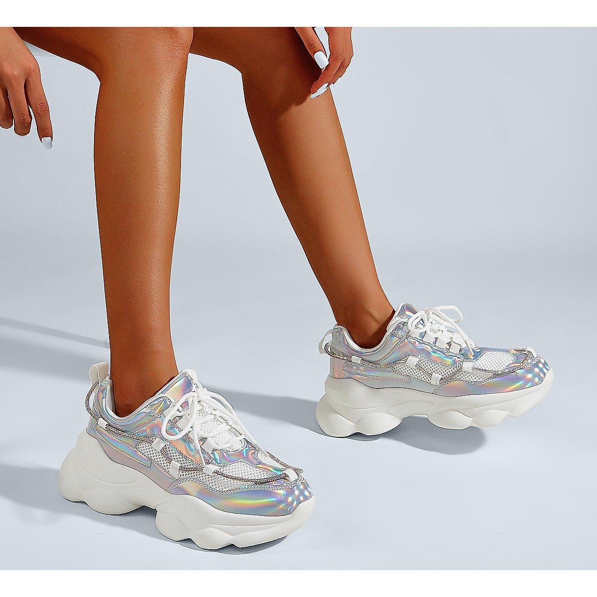 LUCKY STEP Women's 90s Chunky Sneakers Sparkly Bling Rhinestone Rope Platform Casual Thick Dad Rave Walking Shoes(Hologram Silver,7 B(M) US)