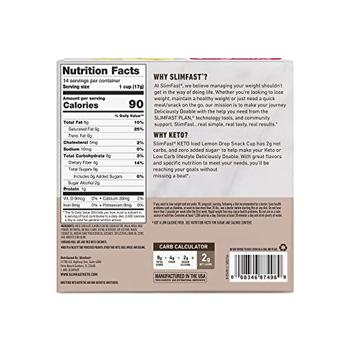 SlimFast Low Carb Snacks, Keto Friendly for Weight Loss with 0g Added Sugar & 4g Fiber, Iced Lemon Drop Cup, 14 Count Box (Packaging May Vary)