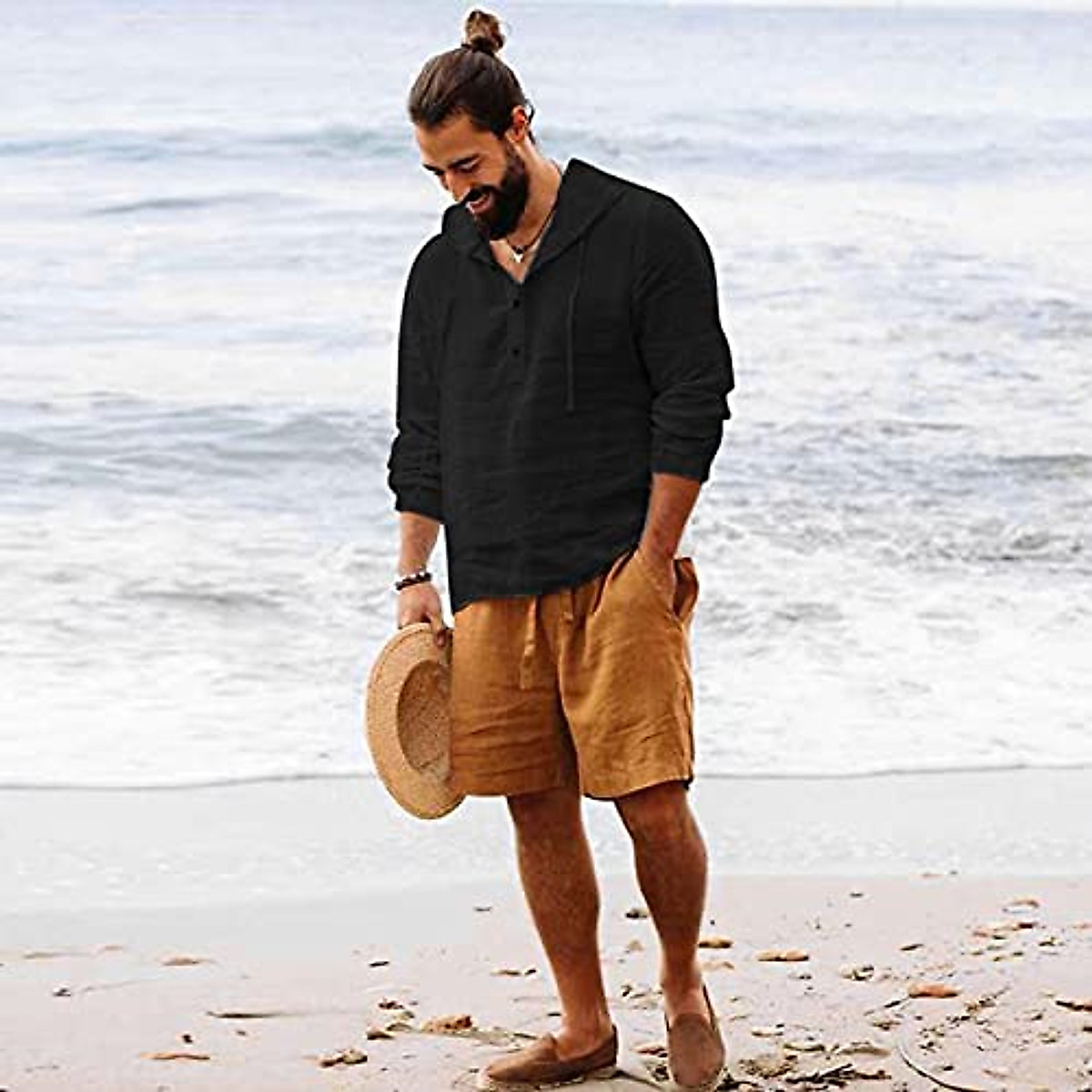 GDJGTA Tshirts for Men Autumn Hooded Tops Casual Solid Tee Shirt Long Sleeve Cotton Linen Shirt Pullover Blouse Hoodies (Black, XXL)