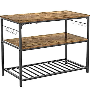 Homieasy Kitchen Island with Wine Glass Holder, Industrial Wood and Metal Coffee Bar Rack, 3 Tier Spacious Prep Table Extended Counter with Hooks Easy to Assemble, Rustic Brown