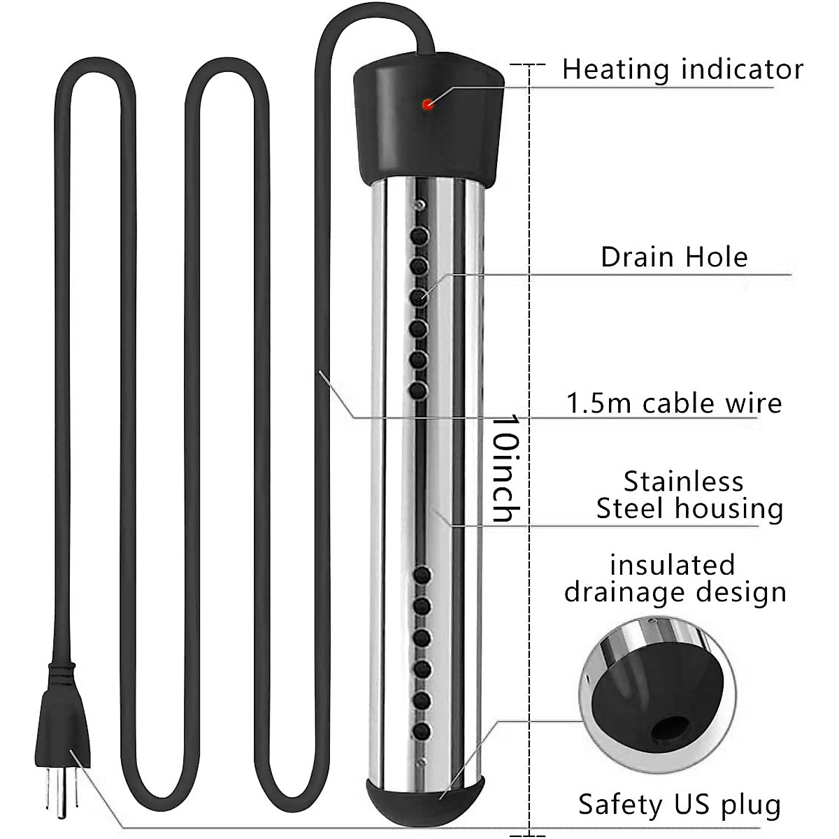 Memoryee Immersion Water Heate Portable Electric Stainless-Steel Heaters with Guard Cover Submersible Home Instant Water Heater with and for Travel Camping Hot Bathtub Mini Inflatable Pool Black