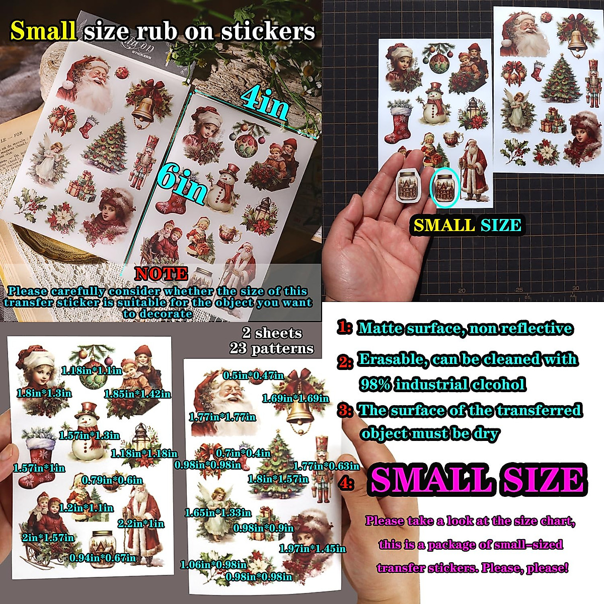 CATaireen Rub On Transfers Stickers 2 Sheets for Crafts Cloth Glass Acrylic Wood Furniture Small Vintage Junk Journal Supplies Scrapbooking Items Christmas Thanksgiving (Red Christmas)