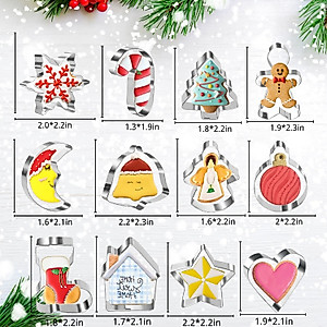 Kaishane Mini Christmas Cookie Cutters Set of 12 - Small Stainless Steel Christmas Biscuit Cutter Snowflake, Bell, Christmas Tree, Star, Moon, Angle, Heart & More Shapes For Holiday Xmas