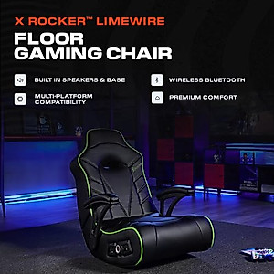 X Rocker Limewire Floor Gaming Chair - Headrest Mounted Speakers - 2.1 Bluetooth - Recliner with Padded Armrests - Black with Green