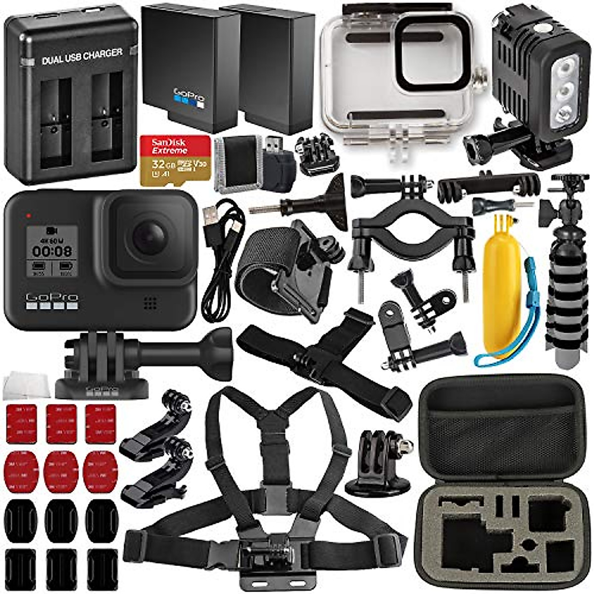 GoPro HERO8 Black with Deluxe Accessory Bundle – Includes: SanDisk Extreme 32GB microSDHC Memory Card, Spare Battery, Dual Battery Charger, Underwater Housing, LED Light & Much More