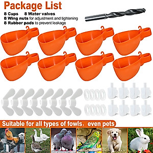 8 Pack Chicken Waterer, Large Chicken Water Cups, Automatic Filling Chicken Water Feeder for Duck Quail Turkey Rabbit Bunny Geese Chicks Birds, DIY Poultry Feeder Drinking Bowl Kit for Clean Watering
