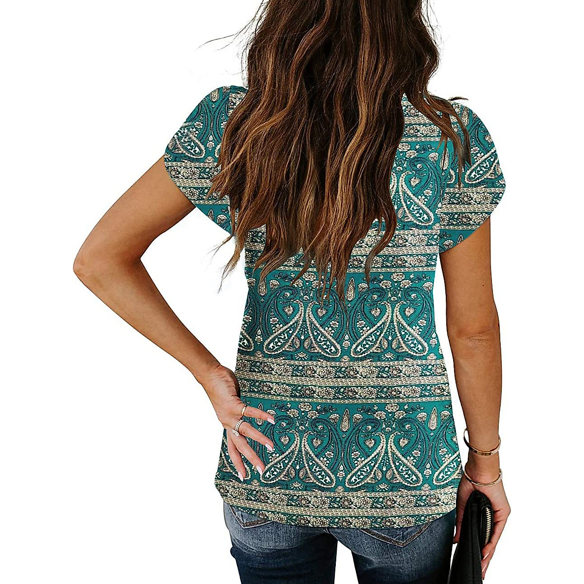 ETCYY Womens Summer Tops 2024 Trendy Casual Cap Sleeve Tops Striped Print Cute Tops Petal V Neck Short Sleeve Shirts(L.Flower Retro)