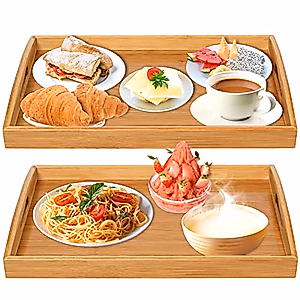 2 Pack Bamboo Serving Tray with Handles, Portable Bed Tray for Breakfast Dinner, Eating Trays for Living Room,Restaurants