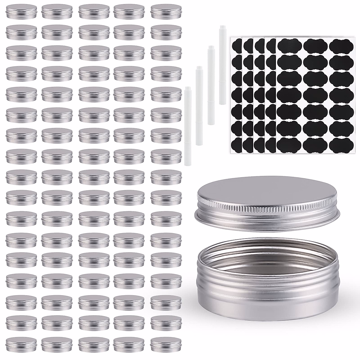 OBKJJ 102 Pack Round Cans with Screw Lid 1 Oz Aluminum Metal Tins DIY Food Candle Containers for Lotion Bars, Balms, Salve, Spices, Beard Balm, Crafts with 4 Markers 5 Sheets Label Stickers (Silver)