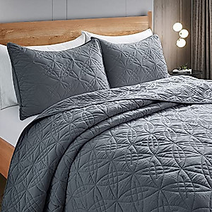 Peace nest 3 Piece Quilted Coverlet Set King Size Lightweight, All Season Bedspread Bed Cover with Pillow Shams, Dark Gray((106"X90")