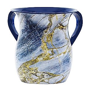 Stainless Steel Netilat Yadayim Cup – Blue and Gold Stone Painted Design - Looks Like Ceramic - Rust, Break and Crack Proof Negel Vasser Cup - Judaica Gift Collection by The Kosher Cook
