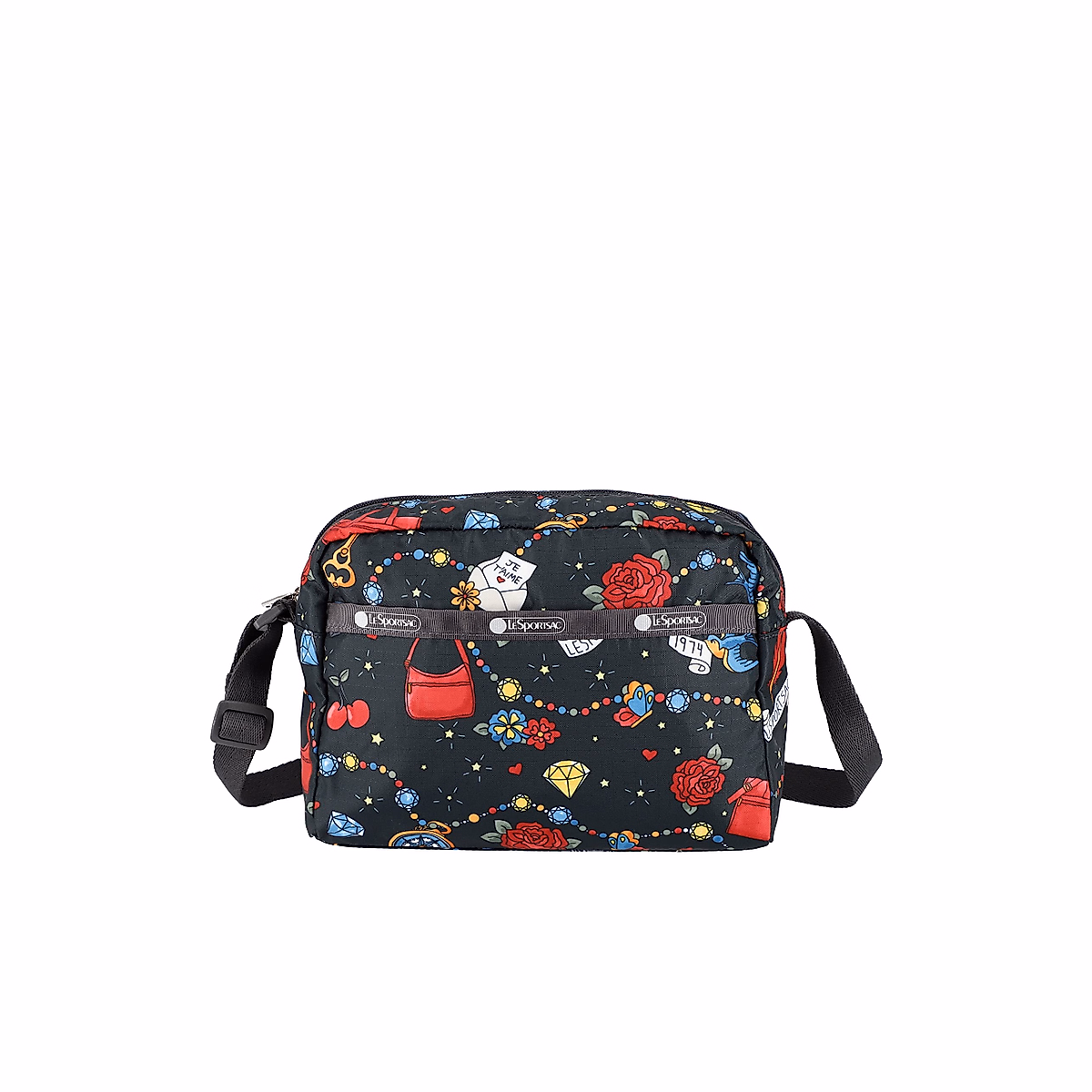 LeSportsac Keepsake Memory Daniella Crossbody Bag, Style 2434/Color E465, Whimsical Colorful Design: Handbags, Hearts, Flowers & Jewels, Celebrate 1974 Iconic Debut