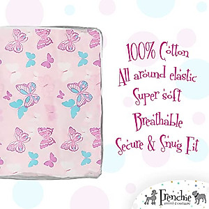 Frenchie Mini Couture, Fitted Crib Sheet Single, 100% Woven Cotton, Toddler Fitted Sheet, Fits Standard Size Baby Mattress 28 x 52 x 8in, Butterfly (Pink)