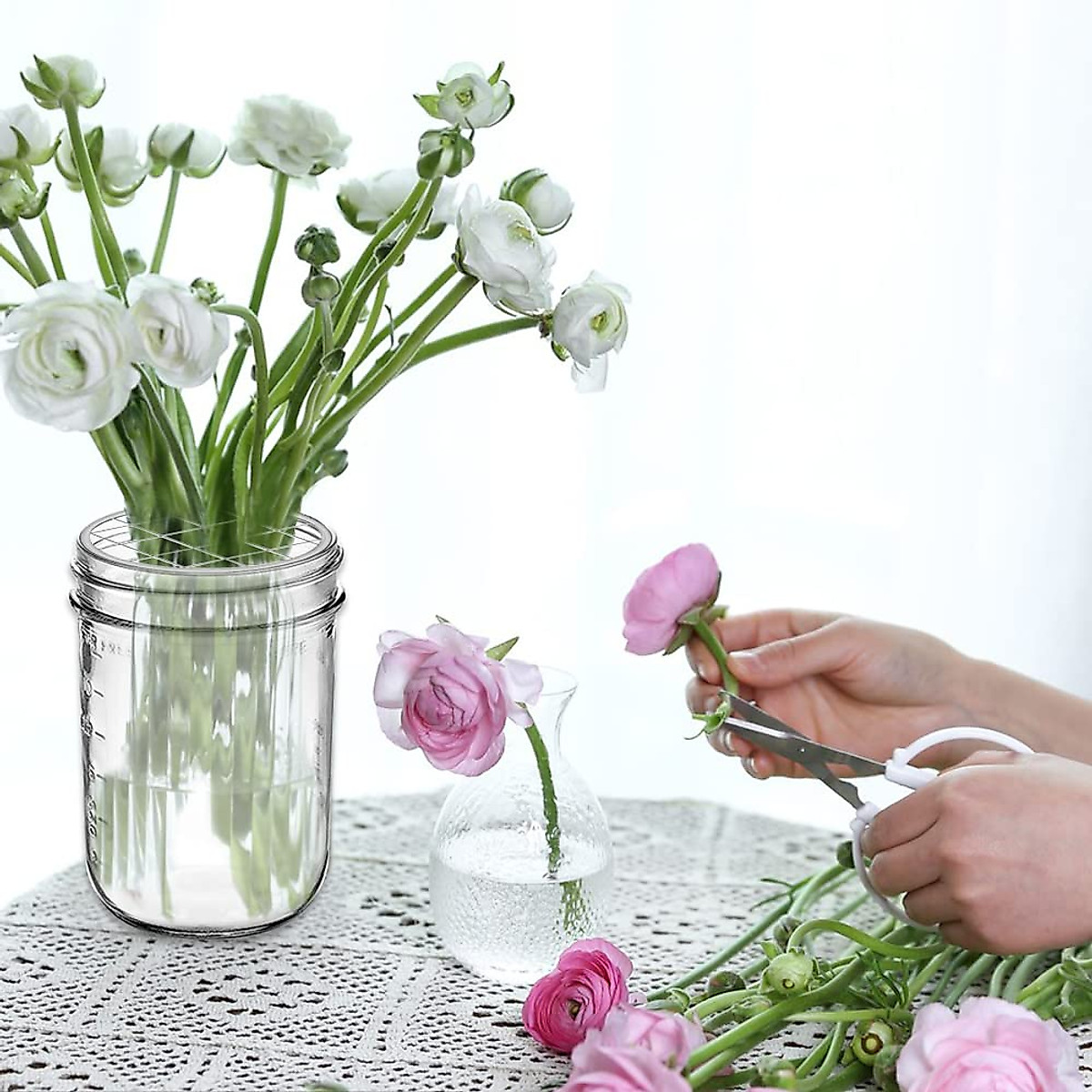 DLAND 20 Pieces Mason Jar Flower Frog Holder Lid Arrangement Flower Insert Lid Grid Organizer Lid Metal with Square Grids for Regular Standard Mouth Canning Jar.