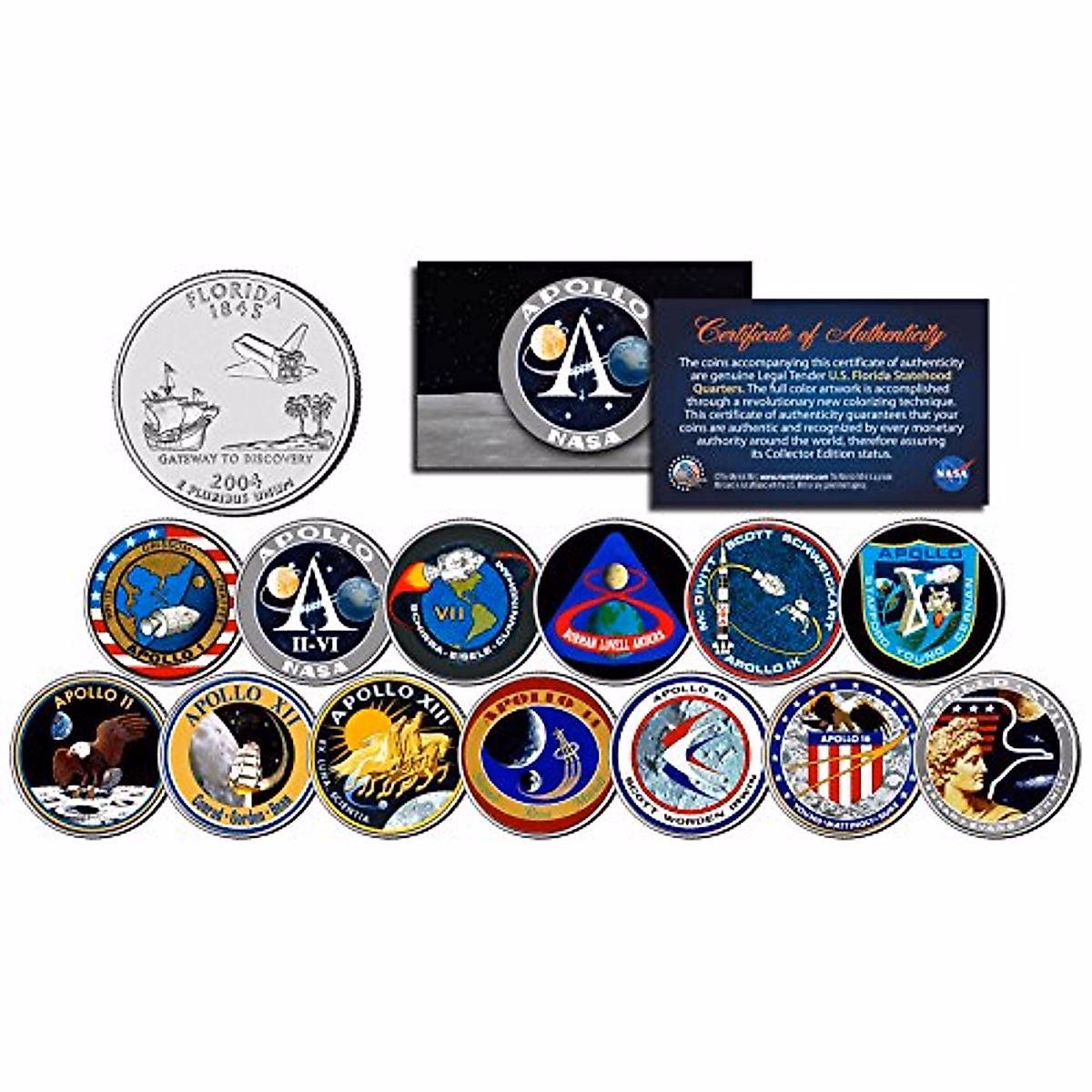 The APOLLO SPACE MISSIONS Colorized U.S. Quarters 13-Coin Set NASA PROGRAM w/COA