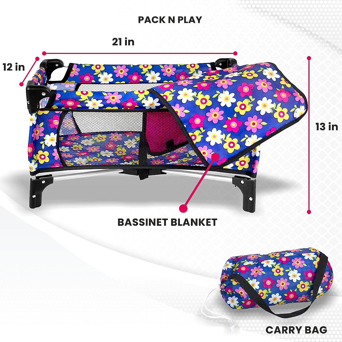 Baby Doll Crib Set, Doll Pack n Play Bassinet Blanket & Carry Bag for Baby Doll Playpen Fits up to 20" in Doll | Allows for Easy Compact Folding for Storage Toy Crib Doll, Excellent Pretend Play Gift
