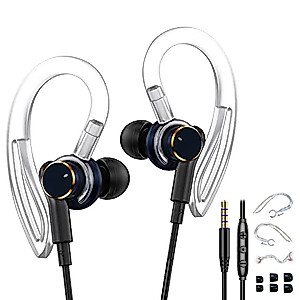 Wired Earbuds [Four Speakers Dual Drive] Ear-Hook in-Ear Headphones with Microphone, high-Fidelity Heavy bass Noise Isolation 3.5mm Jack Earbud bass Boost,Sports Earphones,Memory pad